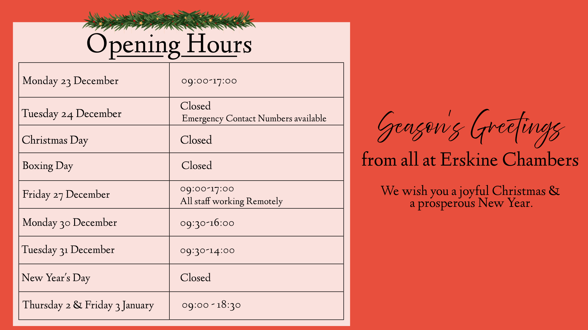 Chambers Christmas Opening Hours 2024 - Erskine Chambers